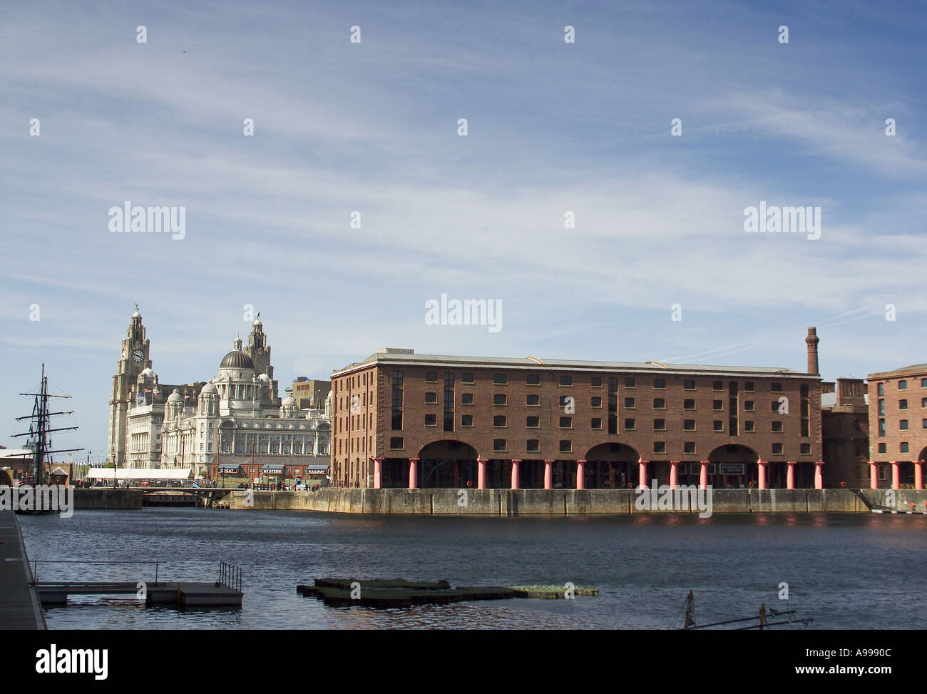 Liver Buildings Liverpool And Tall ship From Albert dock Stock Photo ...