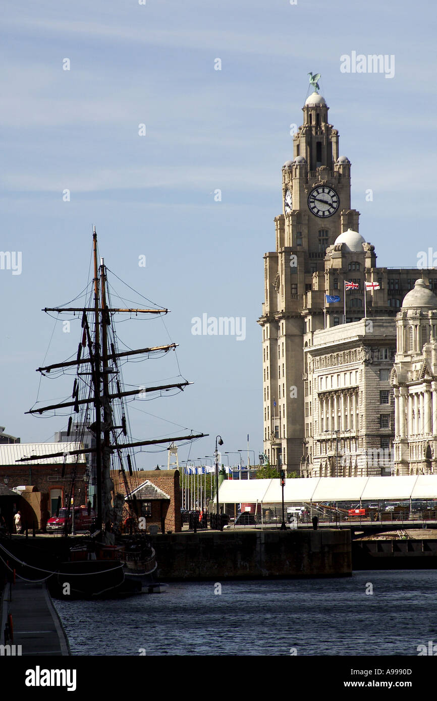 Liver Buildings Liverpool And Tall ship From Albert dock Stock Photo ...
