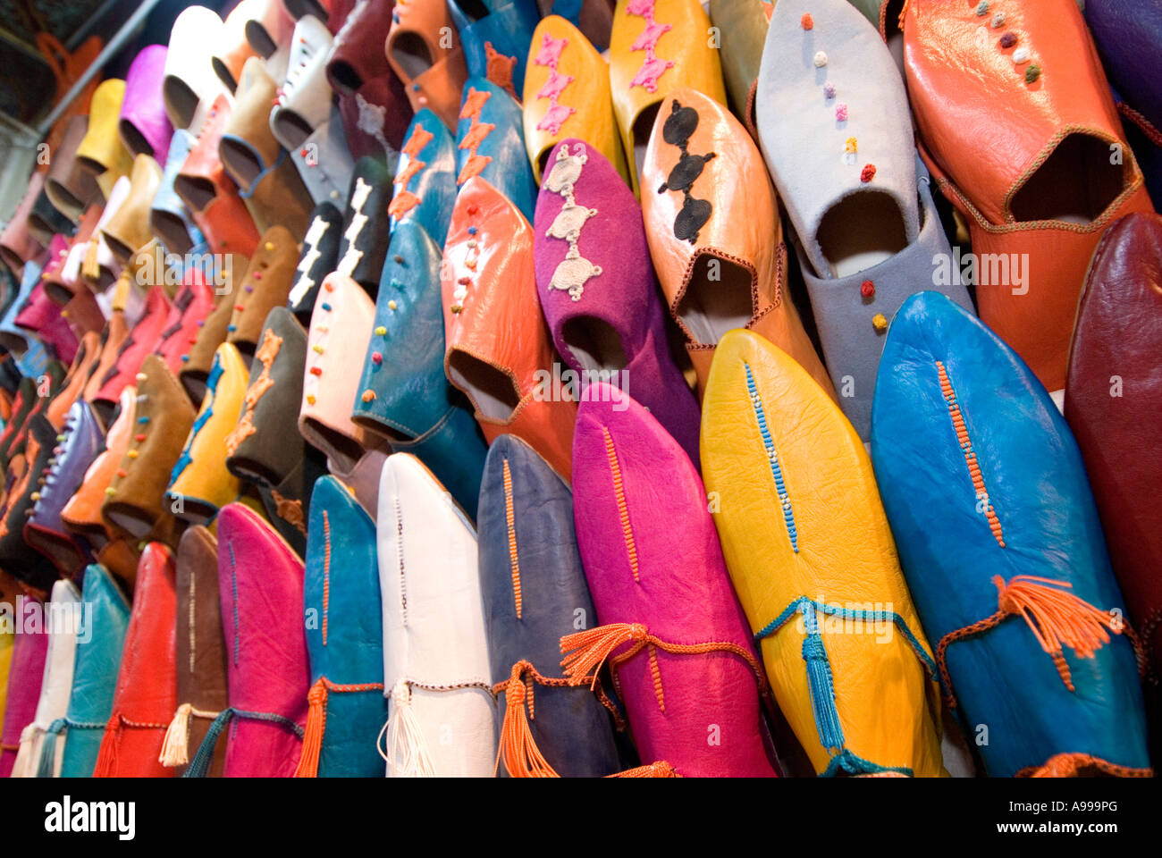 Detail of traditional colourful leather slippers called Babouches in a ...