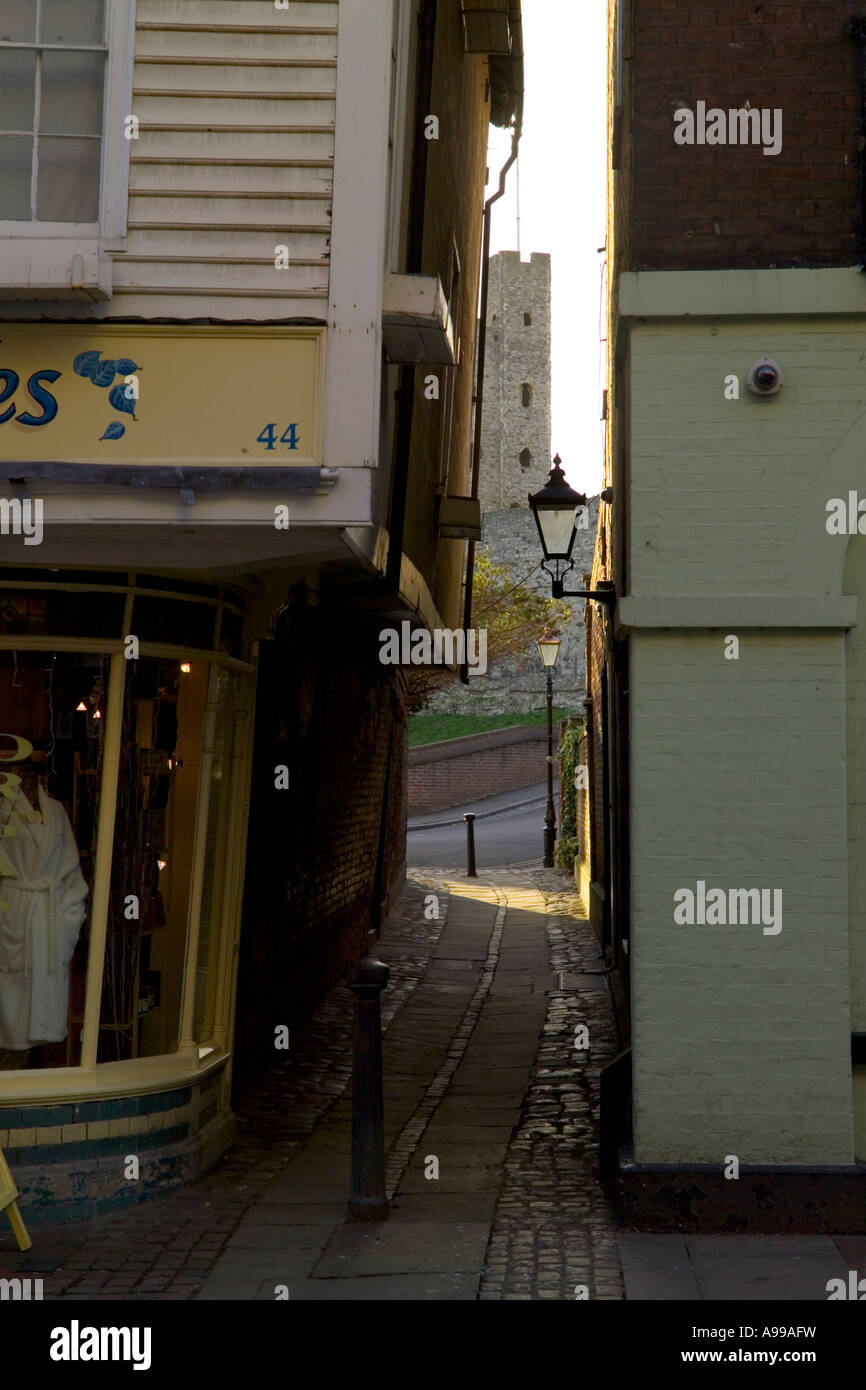 Rochester Castle looking through Two Post Alley Stock Photo - Alamy
