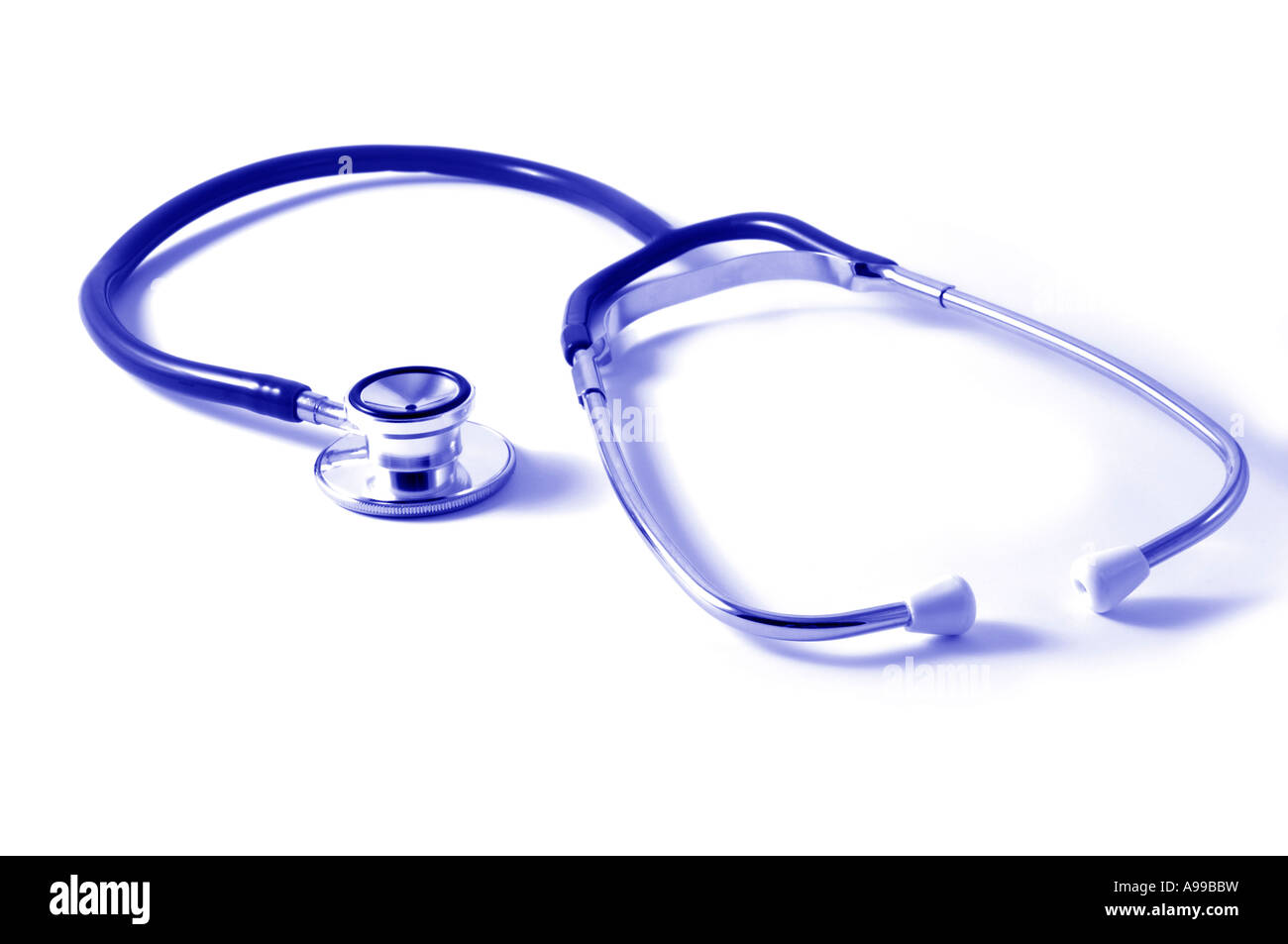 A dark blue stethoscope on a white background with sterile looking high ...