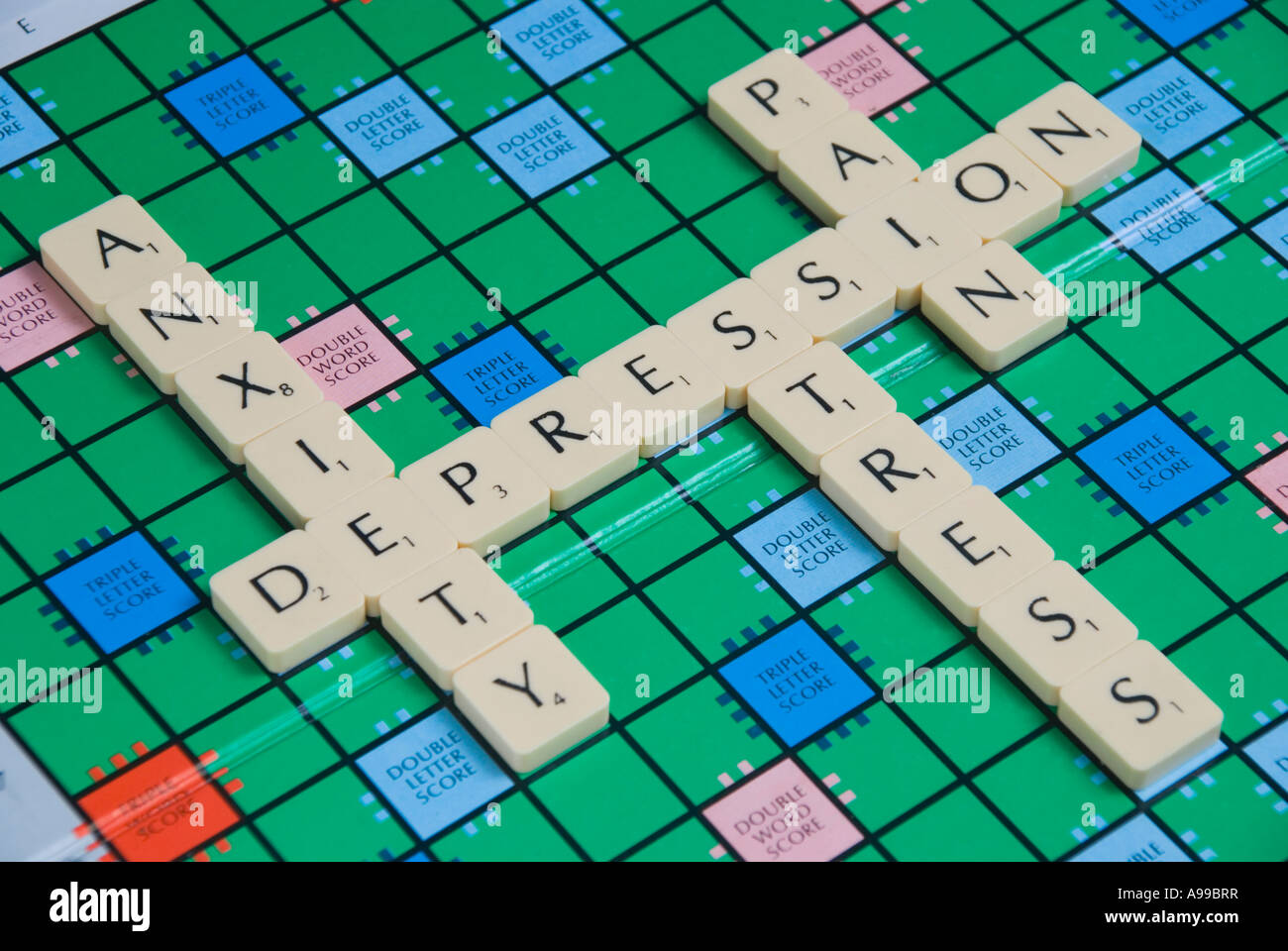 Scrabble letters spelling out concepts of pain, depression, anxiety and ...