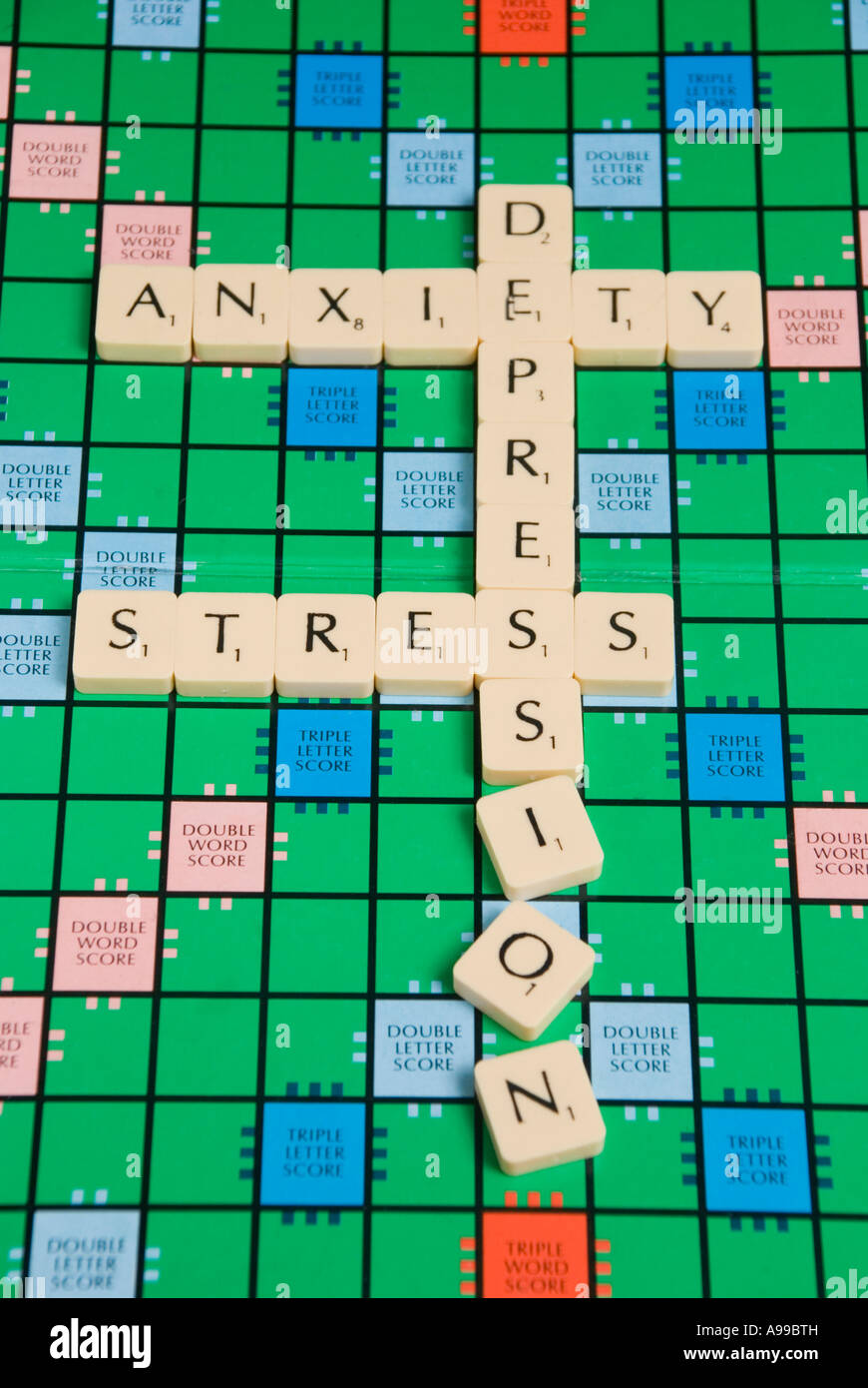 Scrabble letters spelling out concepts of pain, depression, anxiety and ...