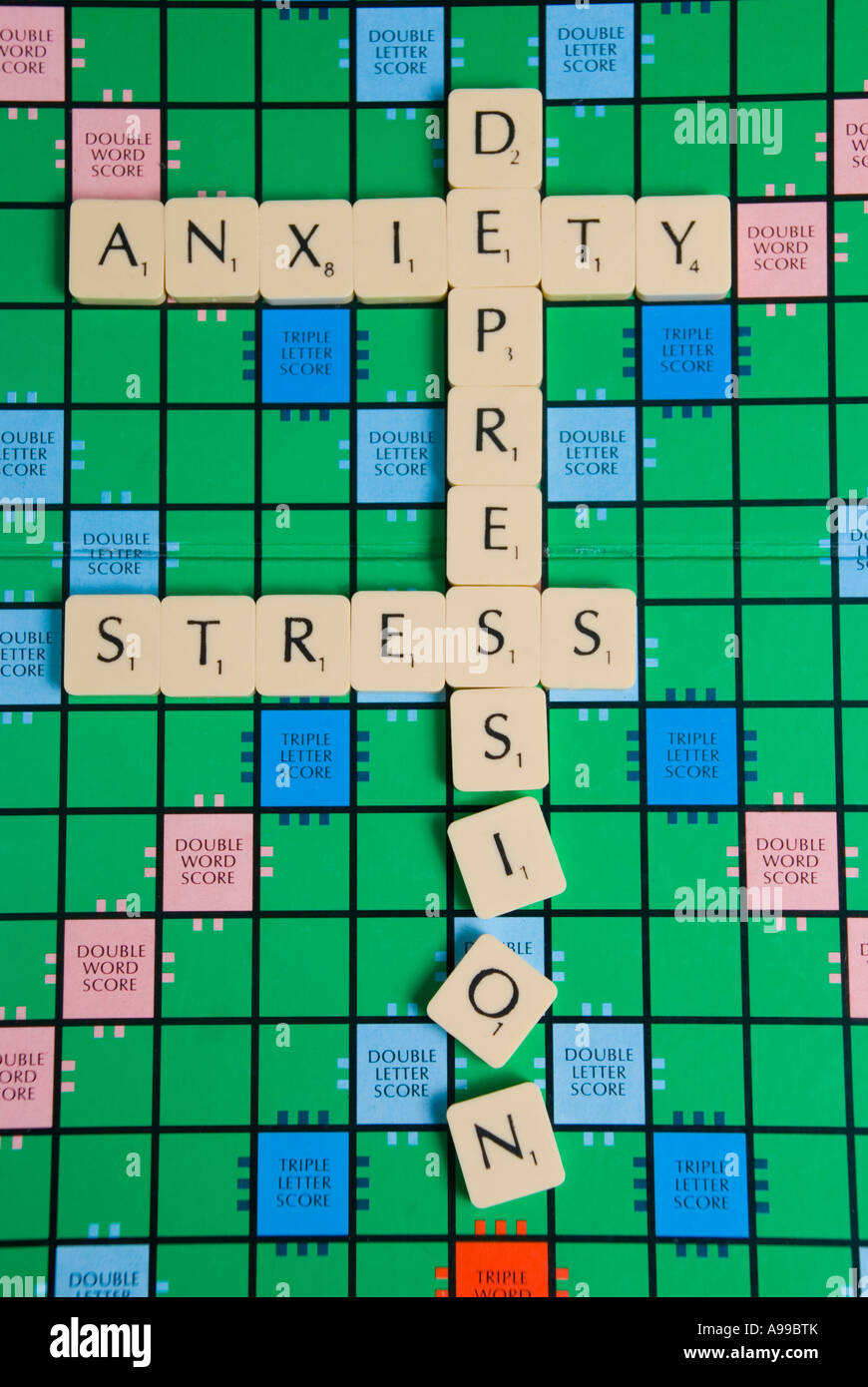 Scrabble letters spelling out concepts of pain, depression, anxiety and ...