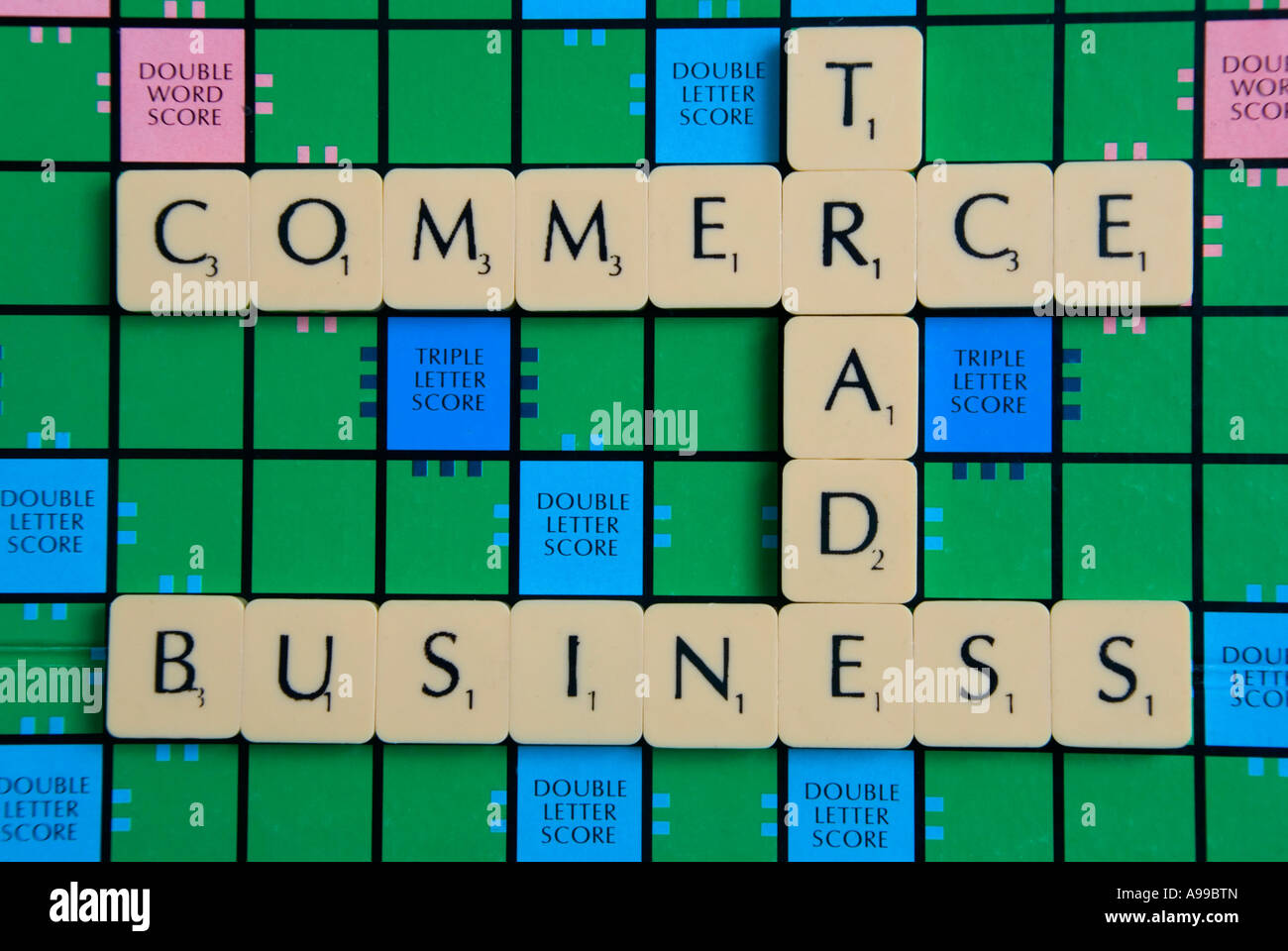 Scrabble letters spelling out business commerce and trade concepts ...