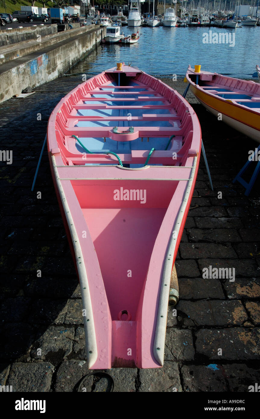 Old open whaling boat in Horta harbour, Faial island, Azores Stock ...