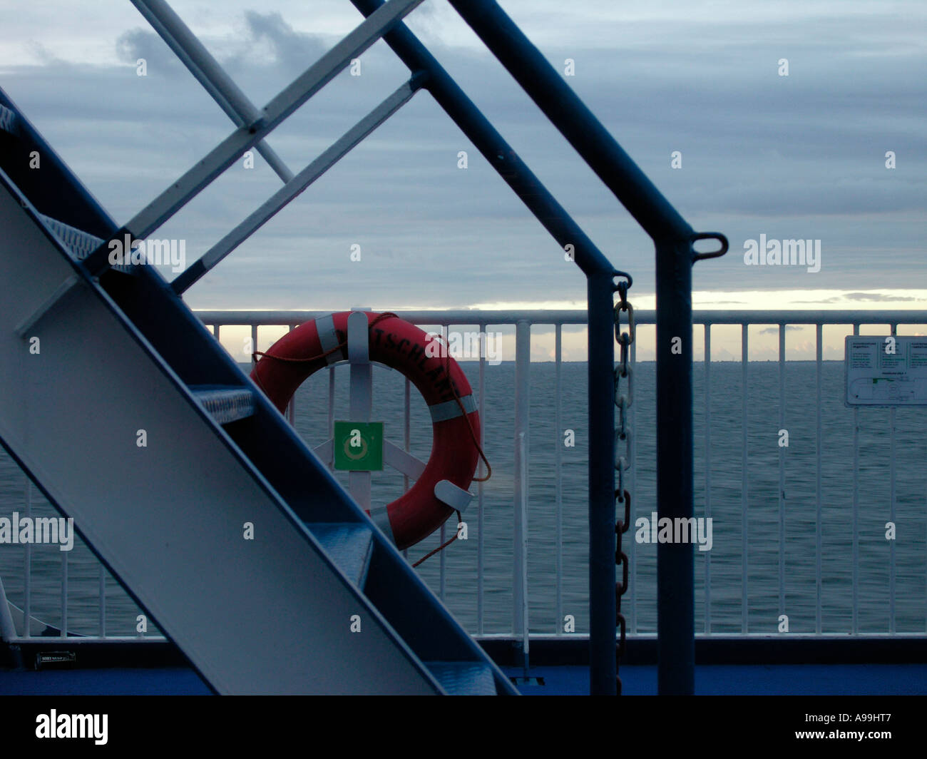 on deck of a ship ferry on Baltic Sea railing lifebelt and stairs Stock ...