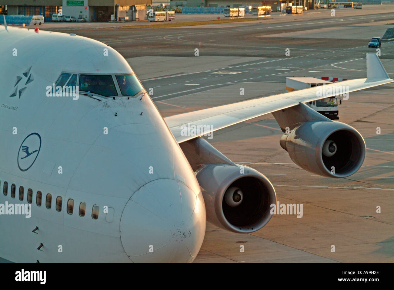 view to cockpit of an aeroplane of Lufthansa starting from the airport ...