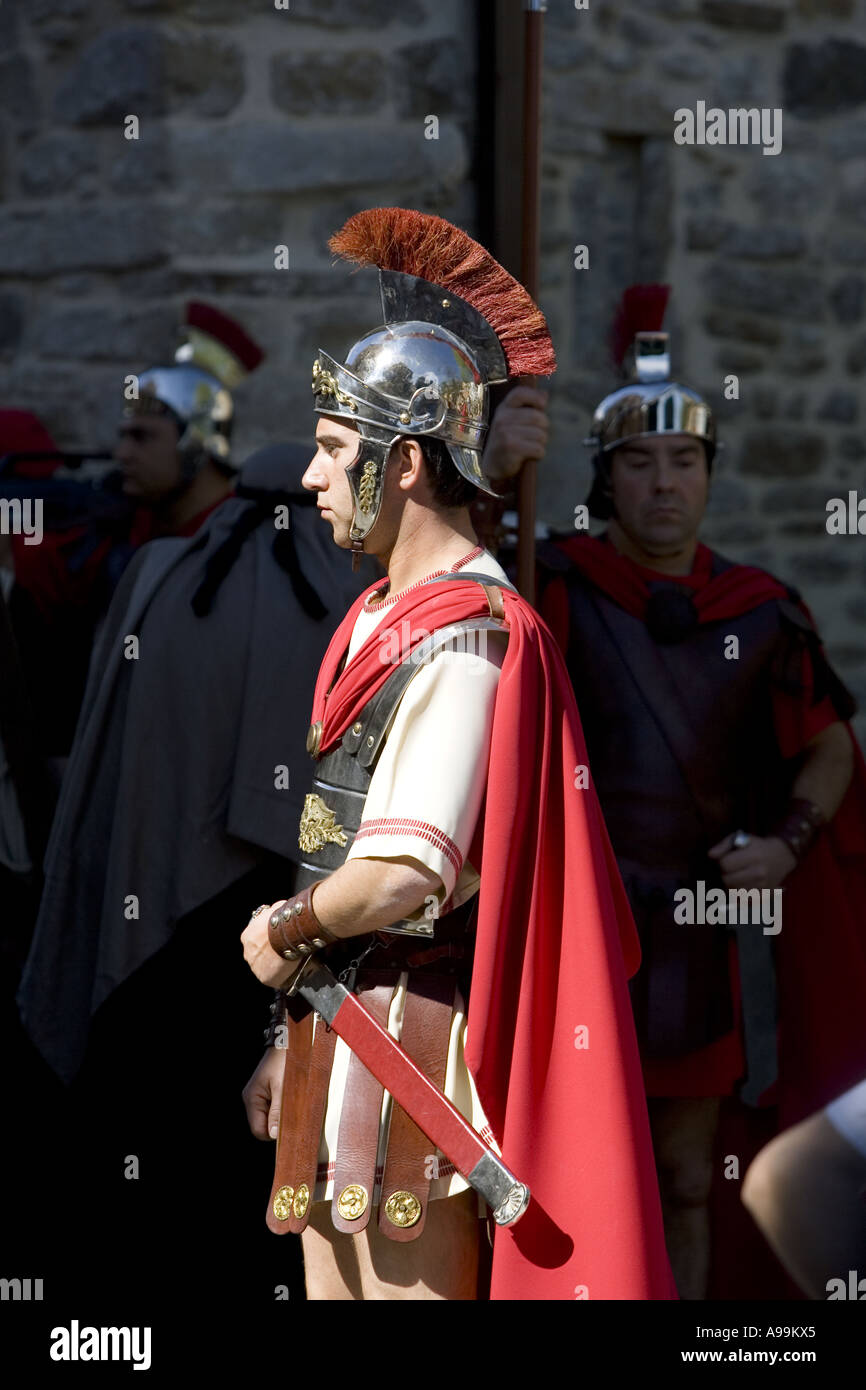 Actor dressed in uniform of Roman soldier during Holy Week Passion Play ...