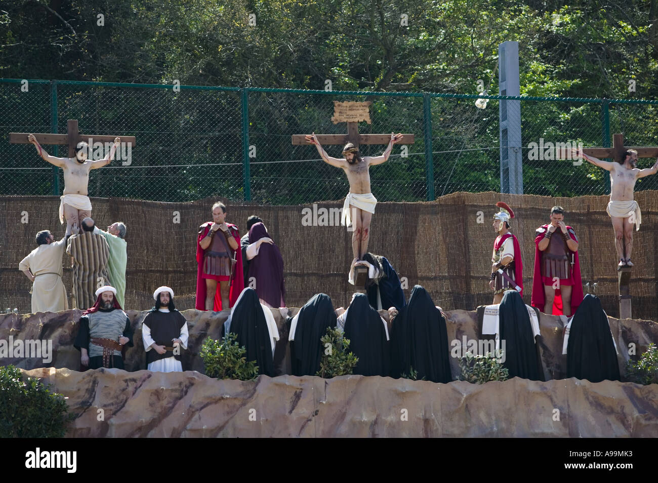 Crucifixion scene on Calvary during the Balmaseda Passion Play, Balmaseda, northern Spain Stock ...