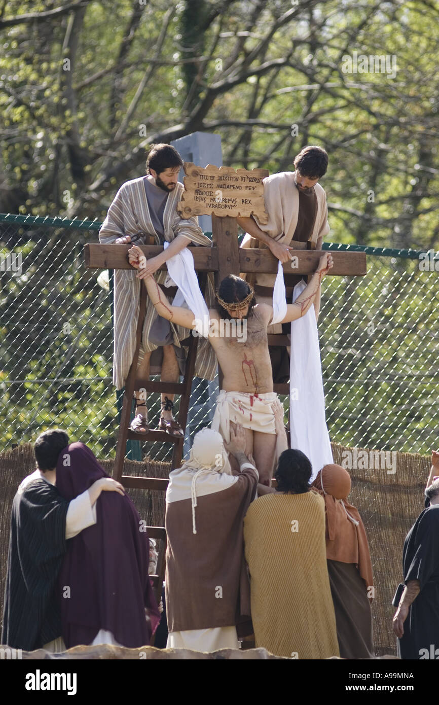 Jesus Christ is removed from the cross after being crucified during the Balmaseda Passion Play ...