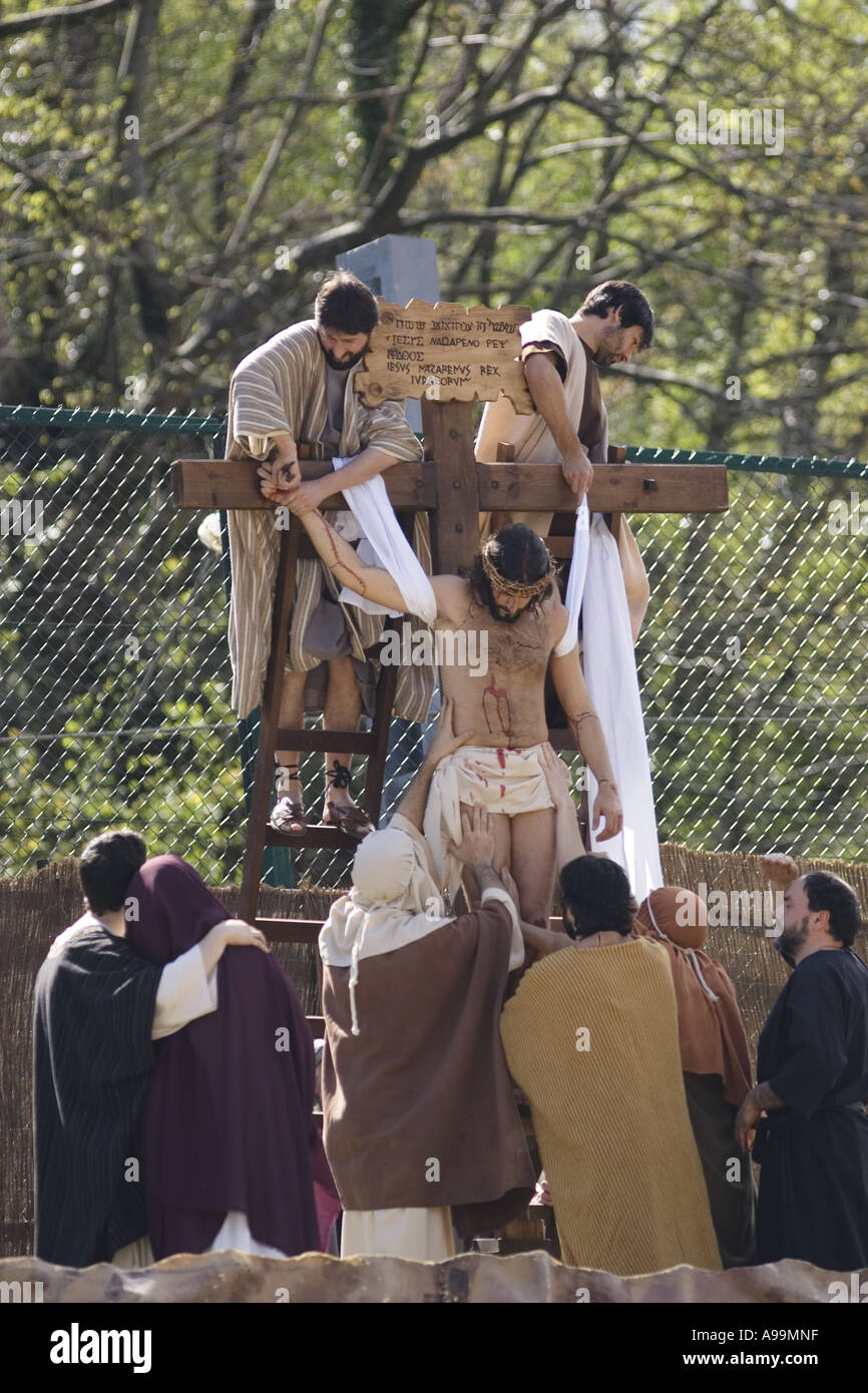 Jesus Christ is removed from the cross after being crucified during the Balmaseda Passion Play ...