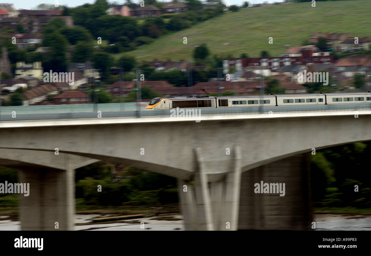 Eurostar train crossing the Medway bridge in Kent, England on way from ...