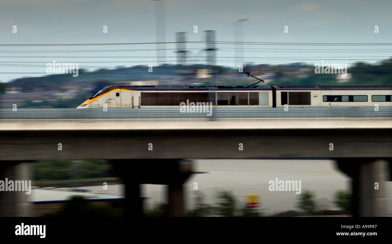 Eurostar train crossing the Medway bridge in Kent, England on way from ...
