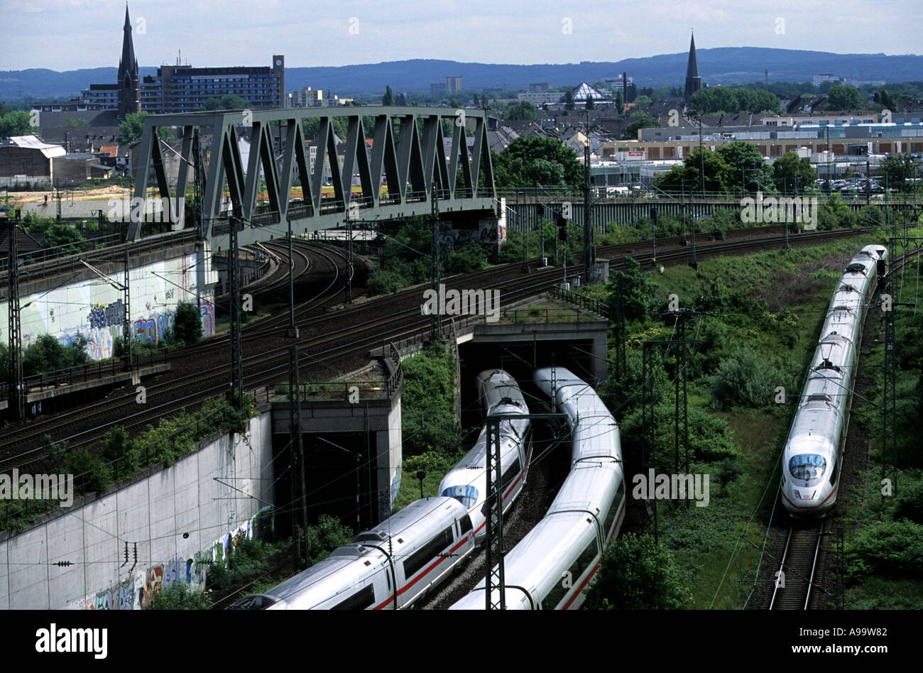 German railways express trains running through the city of Cologne ...