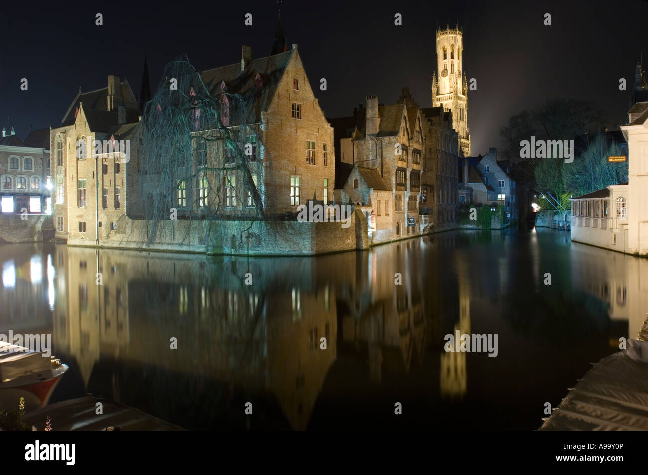 One of the most famous canal views in Bruges (Brugge) at night Stock ...