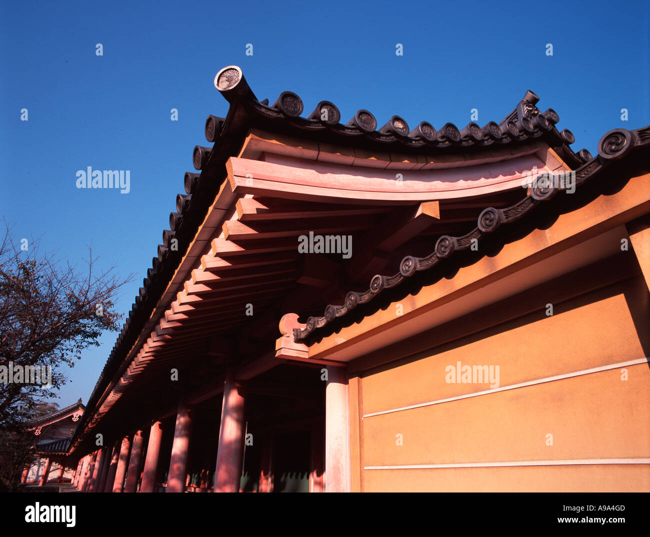 Pink and yellow washed main perimeter wall of Sanjusangendo temple ...