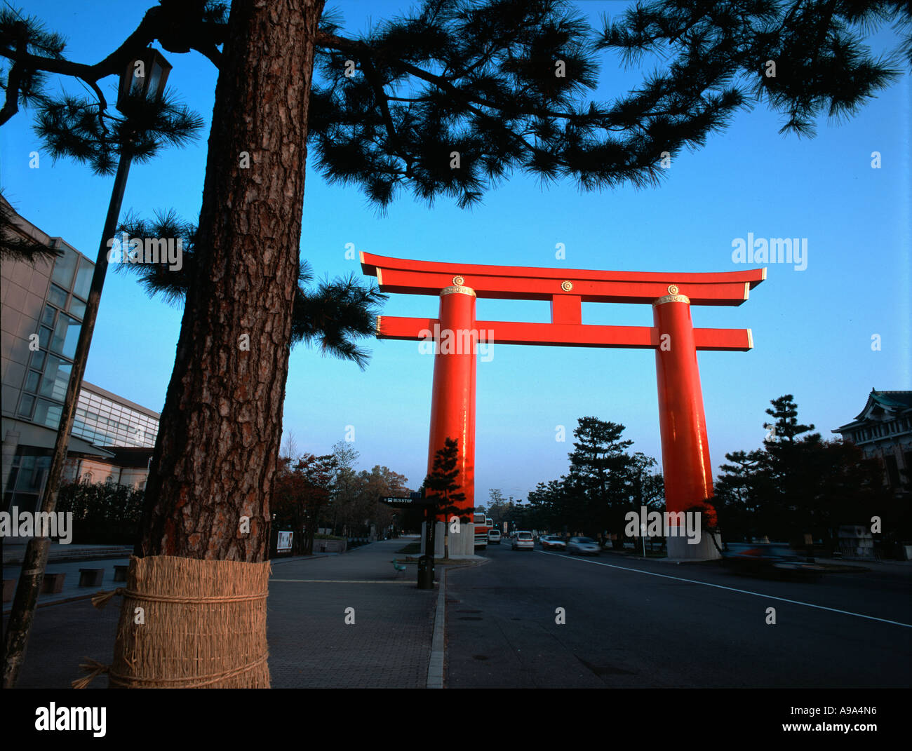 The first outer gateway torii to the Heian Shrine Kyoto Japan framed by ...