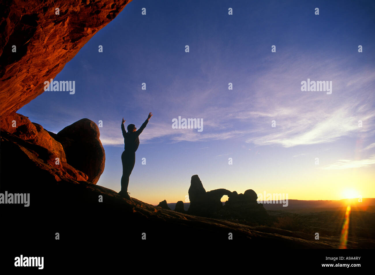 WOMAN WITH RAISED ARMS NORTH WINDOW ARCH LOOKING AT TURRET ARCH ARCHES ...