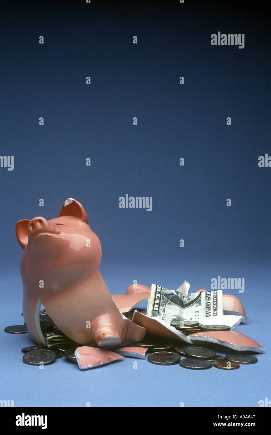 BROKEN SMASHED PIGGY BANK UNITED STATES AMERICAN DOLLARS Stock Photo ...