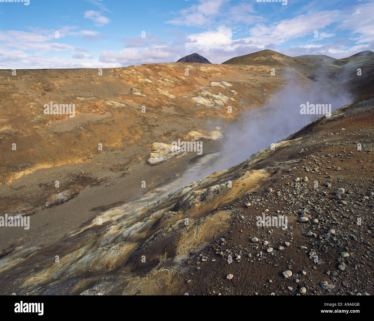 Geothermal landscape at Myvatn northern Iceland with sulphur stained ...