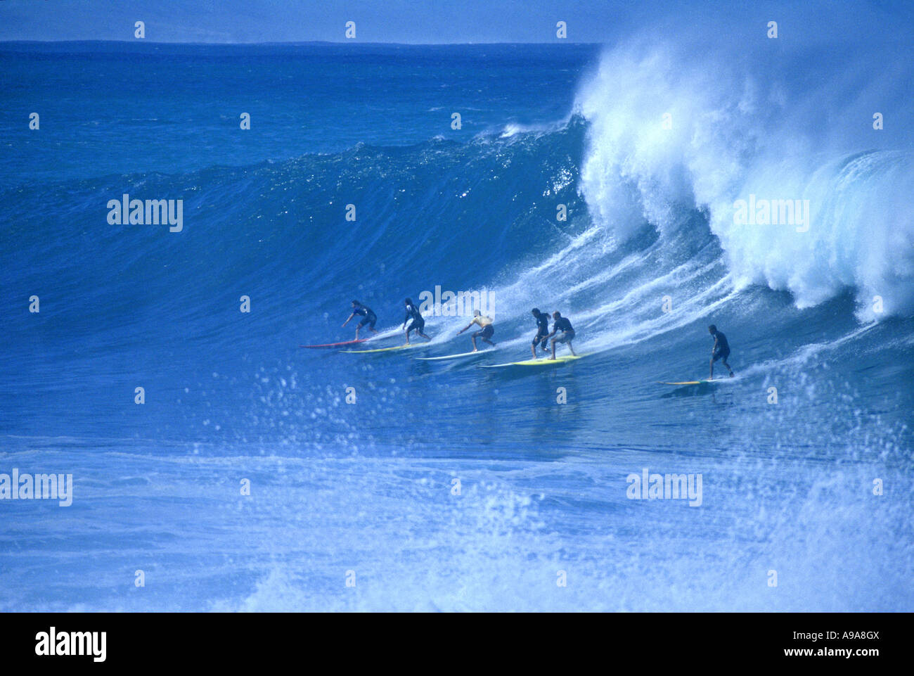 SURFERS ON BIG WAVE SHOREBREAK WAIMEA BAY NORTH SHORE OAHU HAWAII USA ...