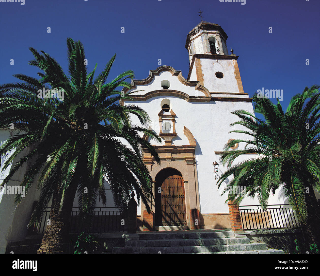 Church flanked by palm trees in the village of Villamartin southern ...