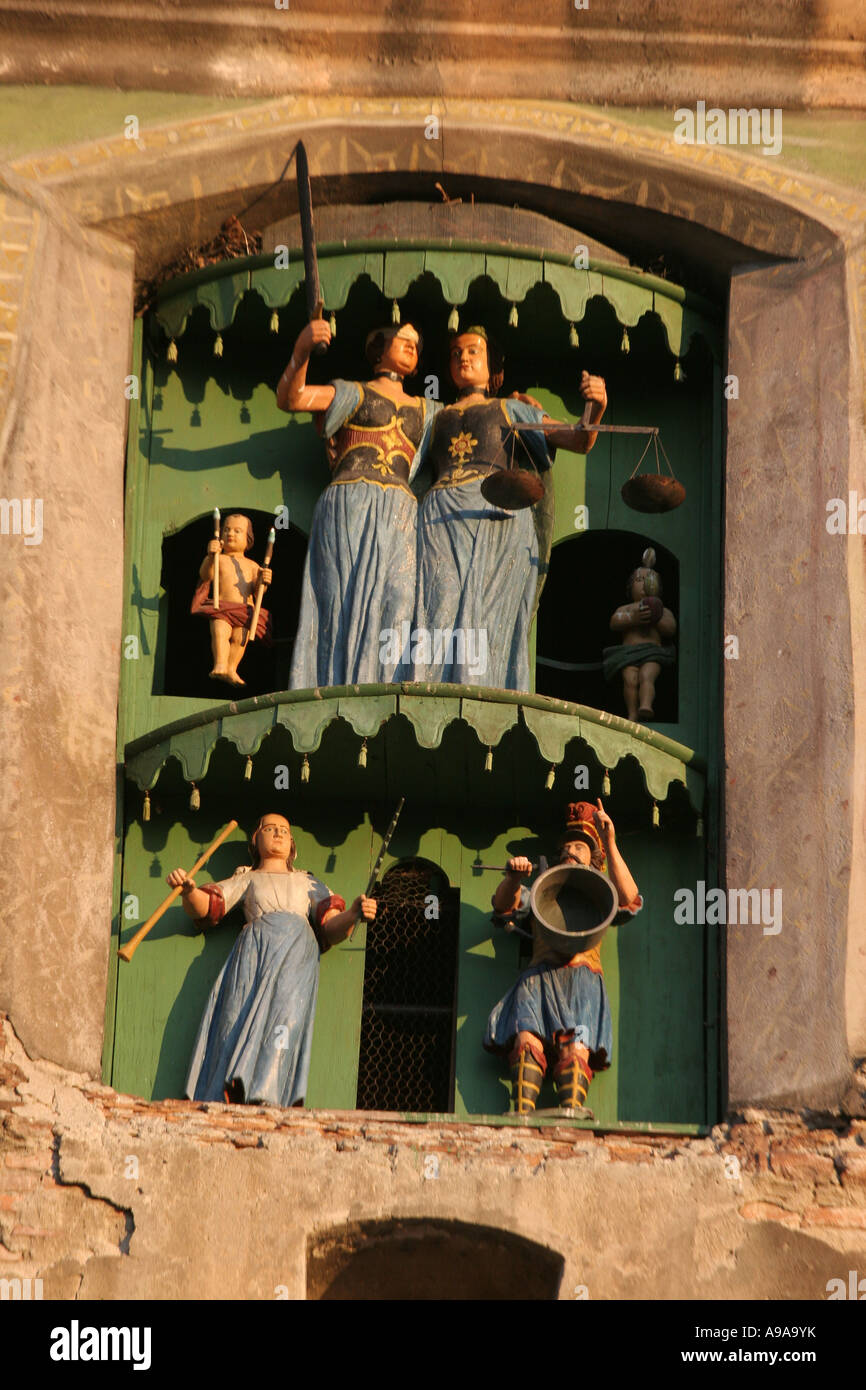 The figures of the Clock tower at Sighisoara Romania Stock Photo - Alamy
