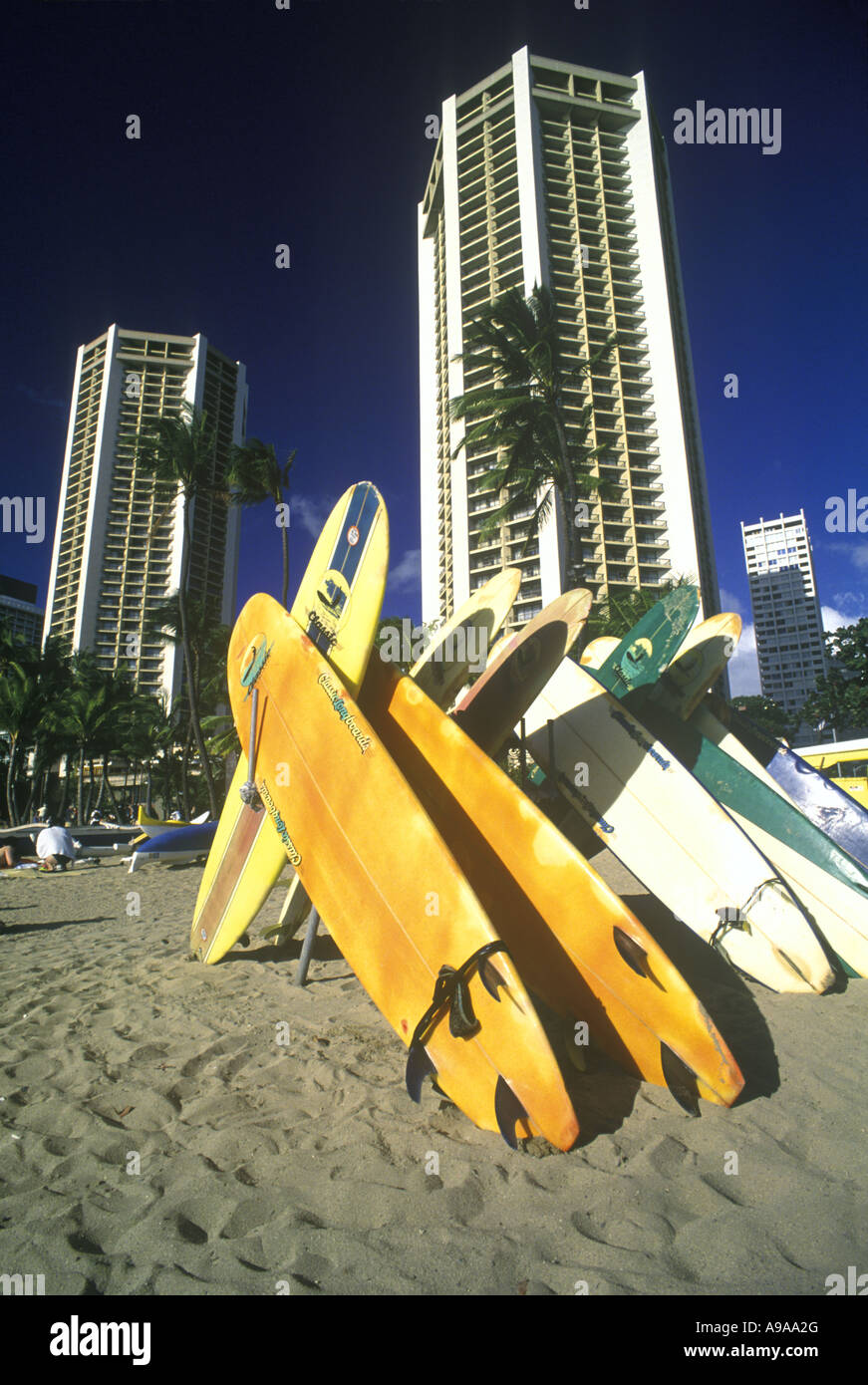SURF BOARDS HYATT REGENCY HOTEL WAIKIKI BEACH HONOLULU OAHU HAWAII USA ...