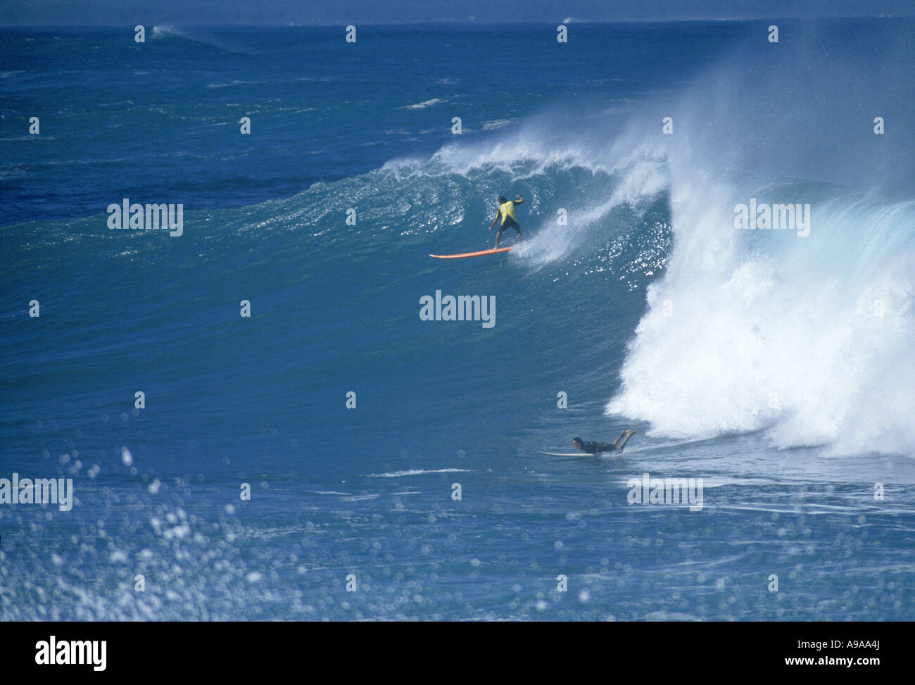 SURFERS ON BIG SHOREBREAK WAVE WAIMEA BAY NORTH SHORE OAHU HAWAII USA ...