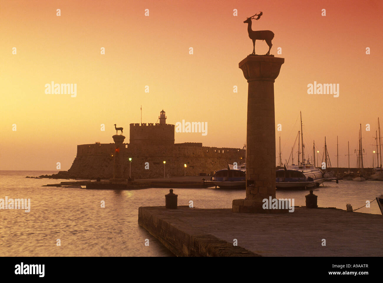 STAG STONE COLUMN MANDRAKI OLD PORT RHODES DODECANESE GREECE Stock ...