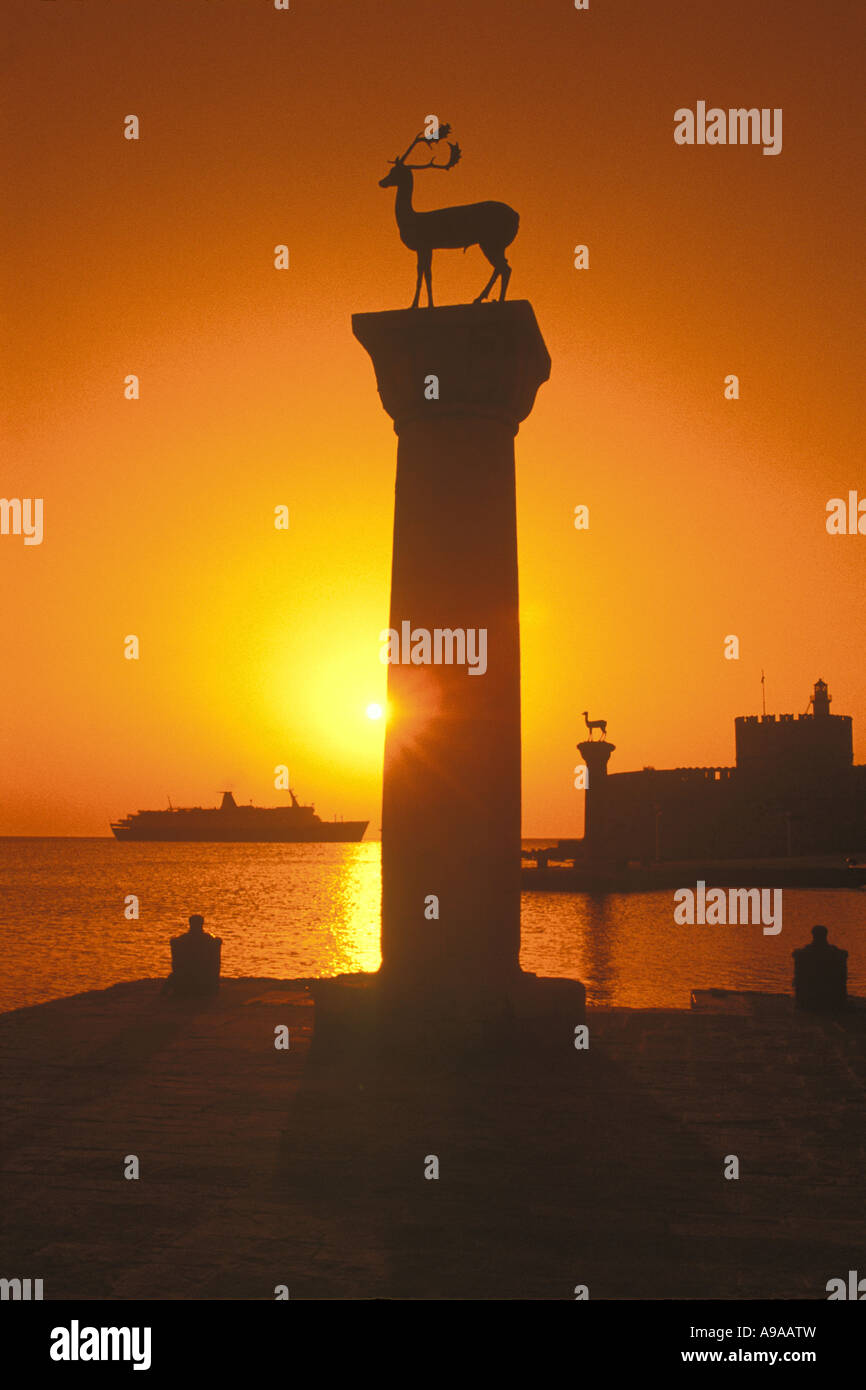 STAG STONE COLUMN MANDRAKI OLD PORT RHODES DODECANESE GREECE Stock ...