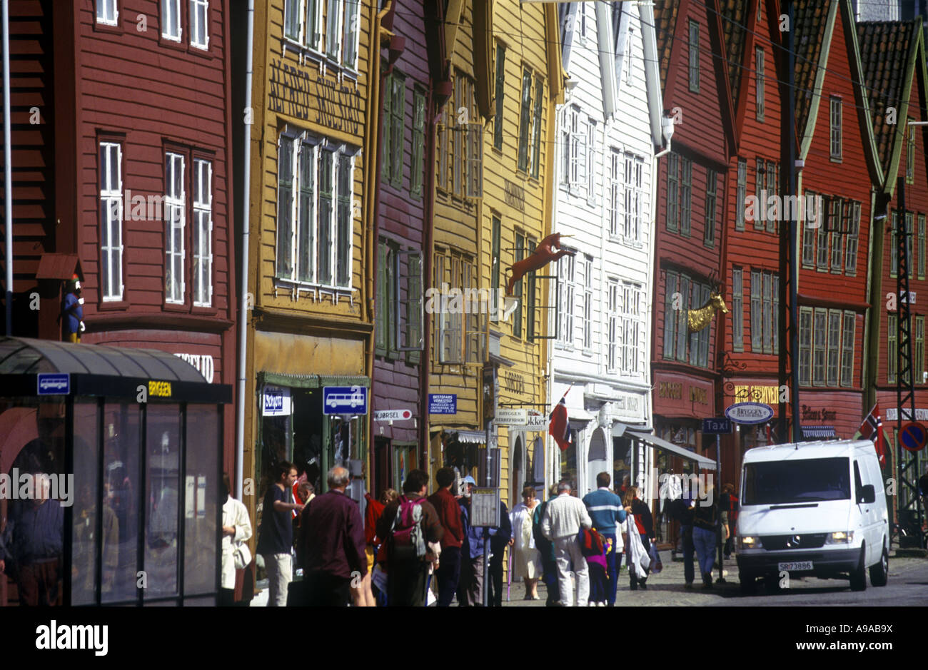 ROW OF OLD WOODEN MERCHANTS HOUSES HANSEATIC WHARF BRYGGEN BERGEN ...