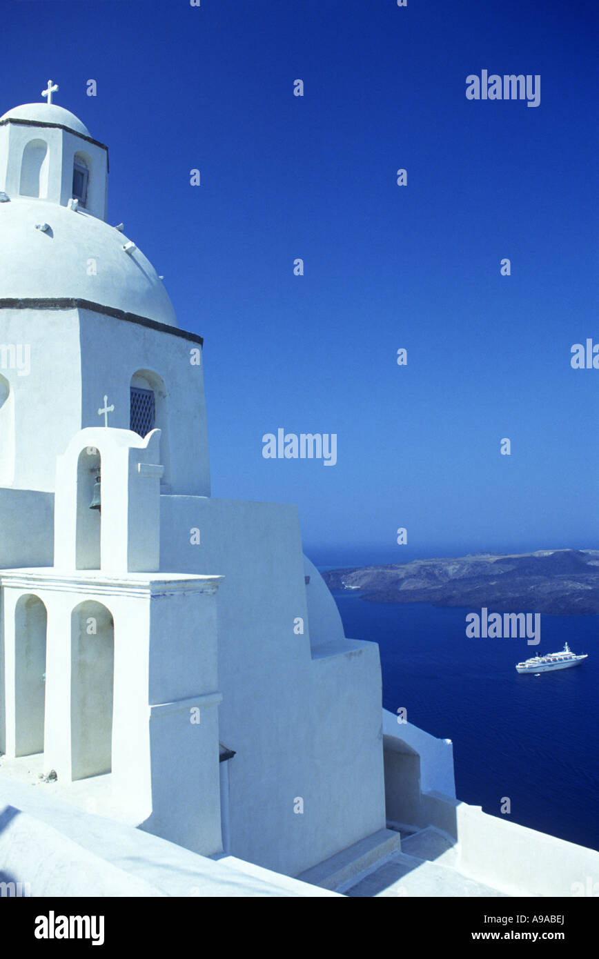 WHITE DOMED CHURCH FIRA SANTORINI ISLAND CYCLADES AEGEAN SEA GREECE ...