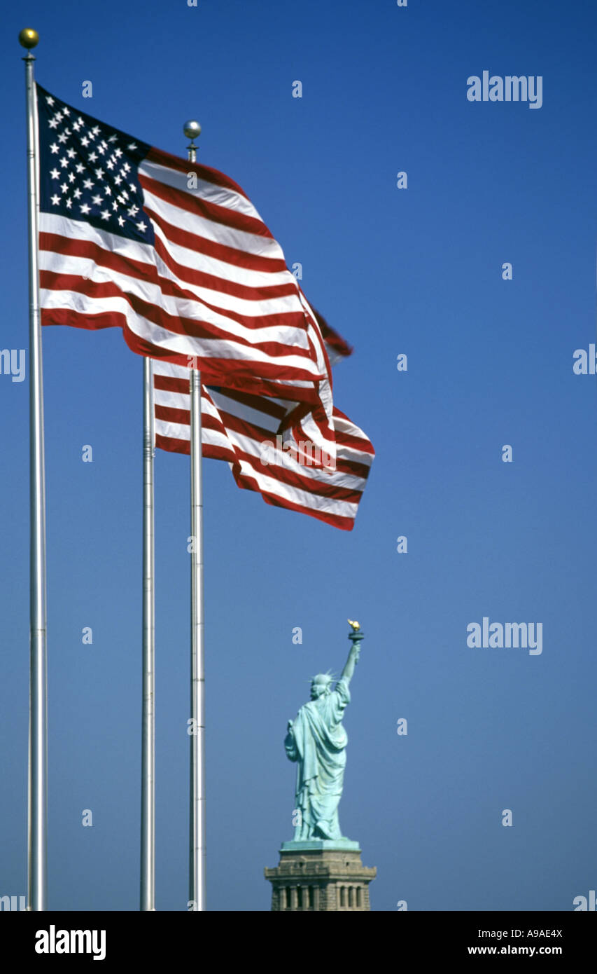 ROWS OF UNITED STATES FLAGS STATUE OF LIBERTY NEW YORK CITY USA Stock ...