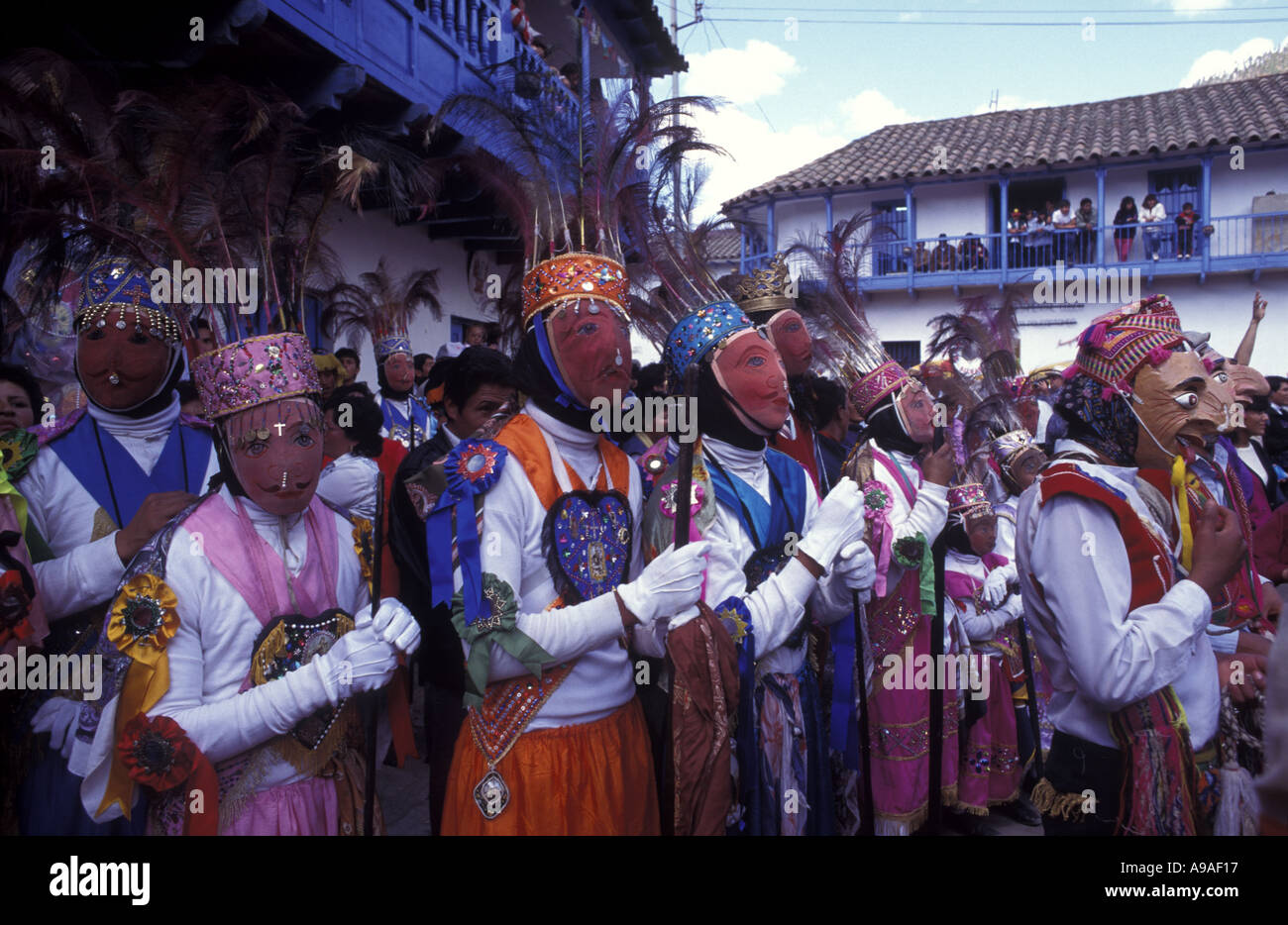 PERU Cuzco region Masked dancersdepicting spaniards at Paucartambo ...