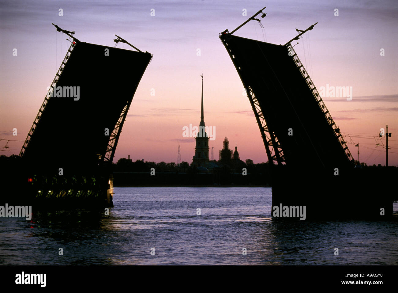 Russia St Petersburg dvorcovis Most The Neva Palace Bridge spire of St ...