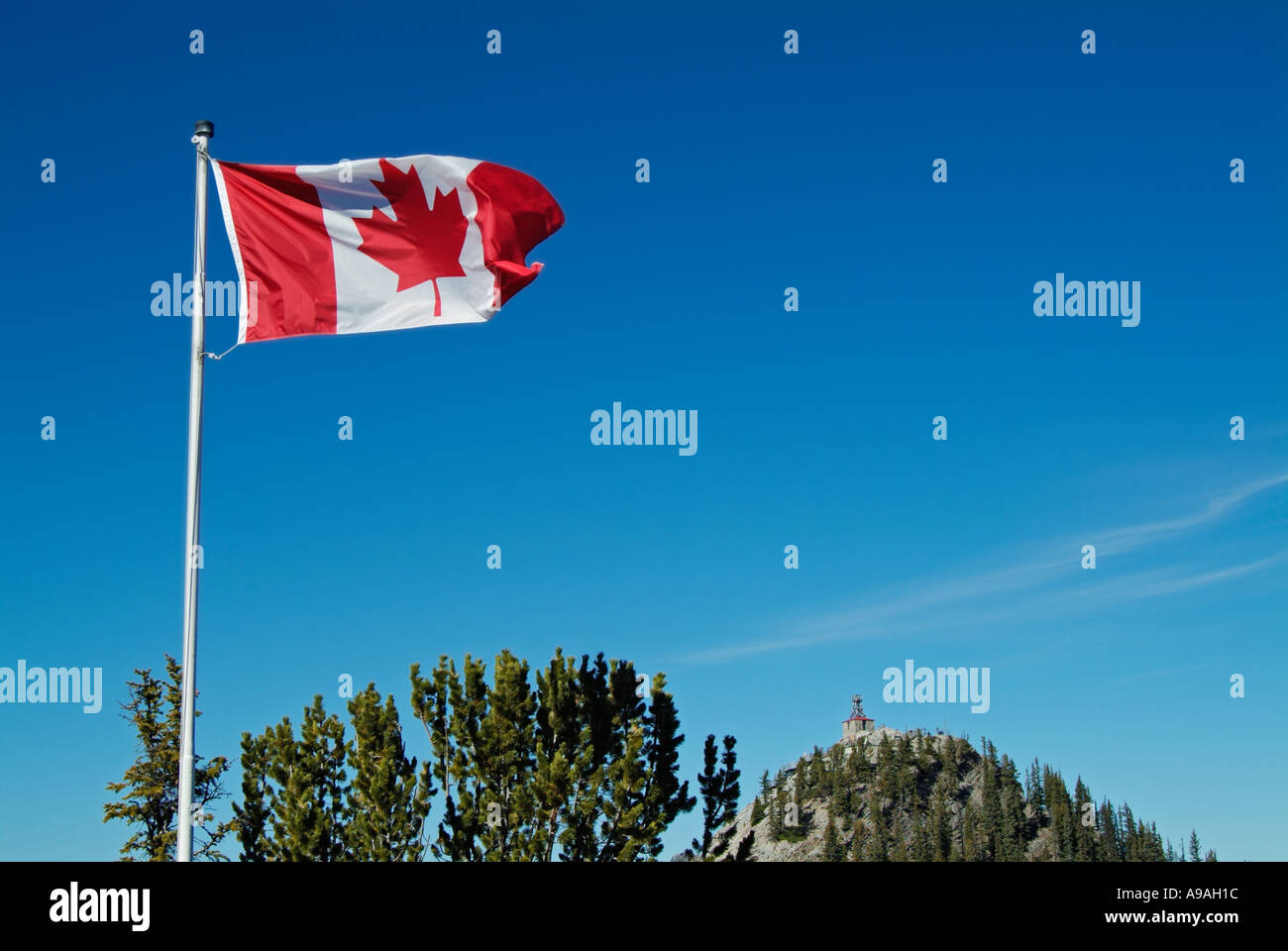 Canadian Flag on Sulphur mountain overlooking Banff township and ... Canadian Flag on Sulphur mountain overlooking Banff township and ...