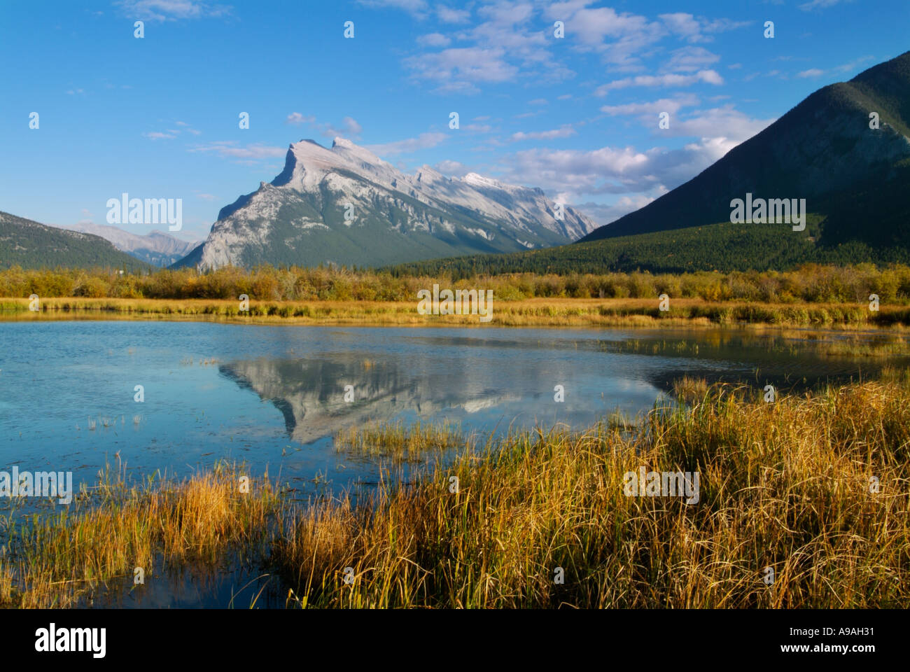 Mount Rundle rising above Banff township from Vermillion lakes drive ...