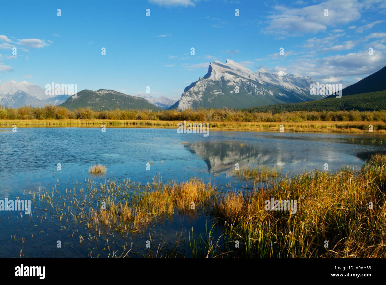 Mount Rundle rising above Banff township from Vermillion lakes drive ...