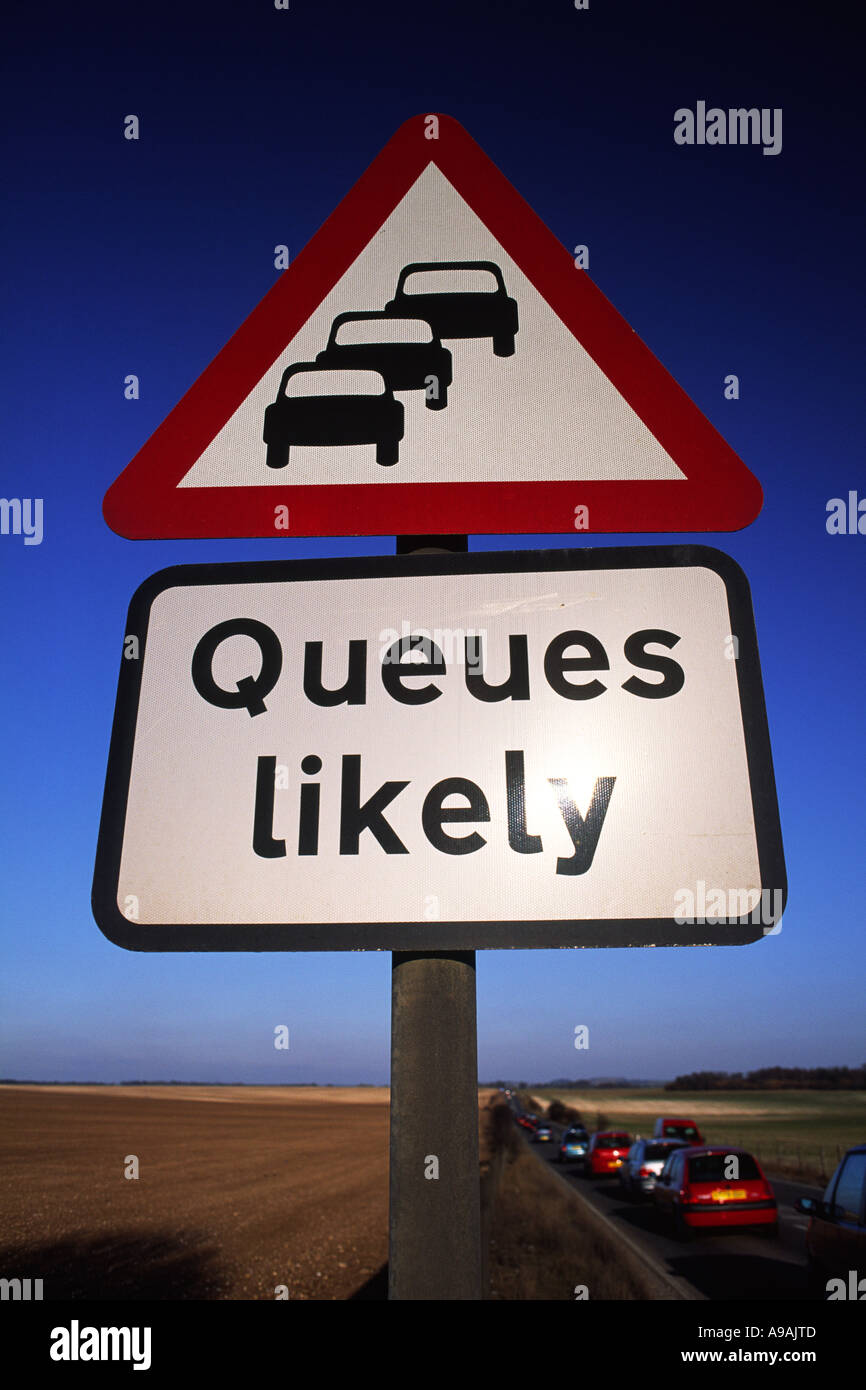 Queues likely road sign on the A303 near Stonehenge in Wiltshire county ...