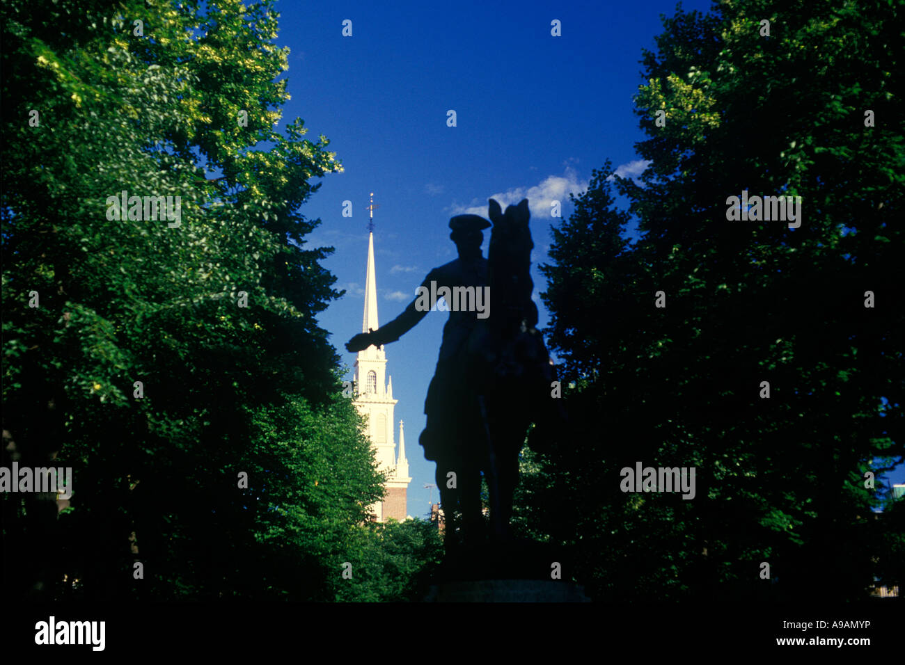 PAUL REVERE STATUE (©CYRUS EDWIN DALLIN 1940) OLD NORTH CHURCH SPIRE ...