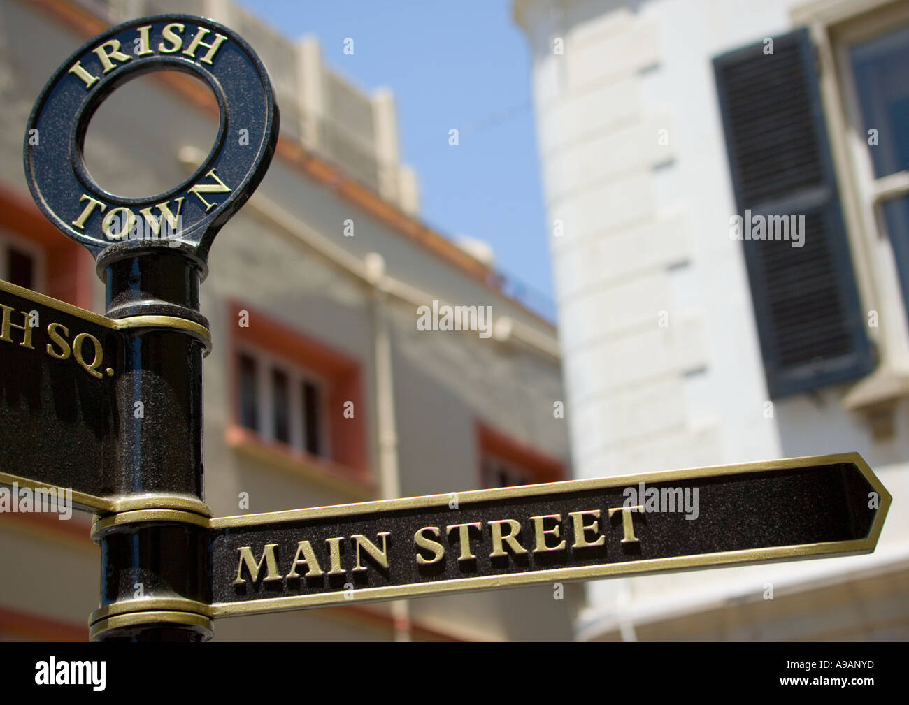 Gibraltar Street sign in Irish Town pointing to Main Street Stock Photo ...