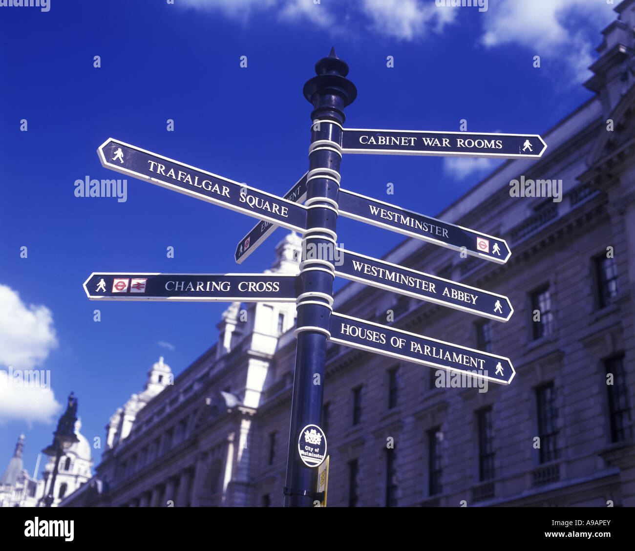 TOURIST ATTRACTION DIRECTION SIGNPOST WHITEHALL LONDON ENGLAND UK Stock ...