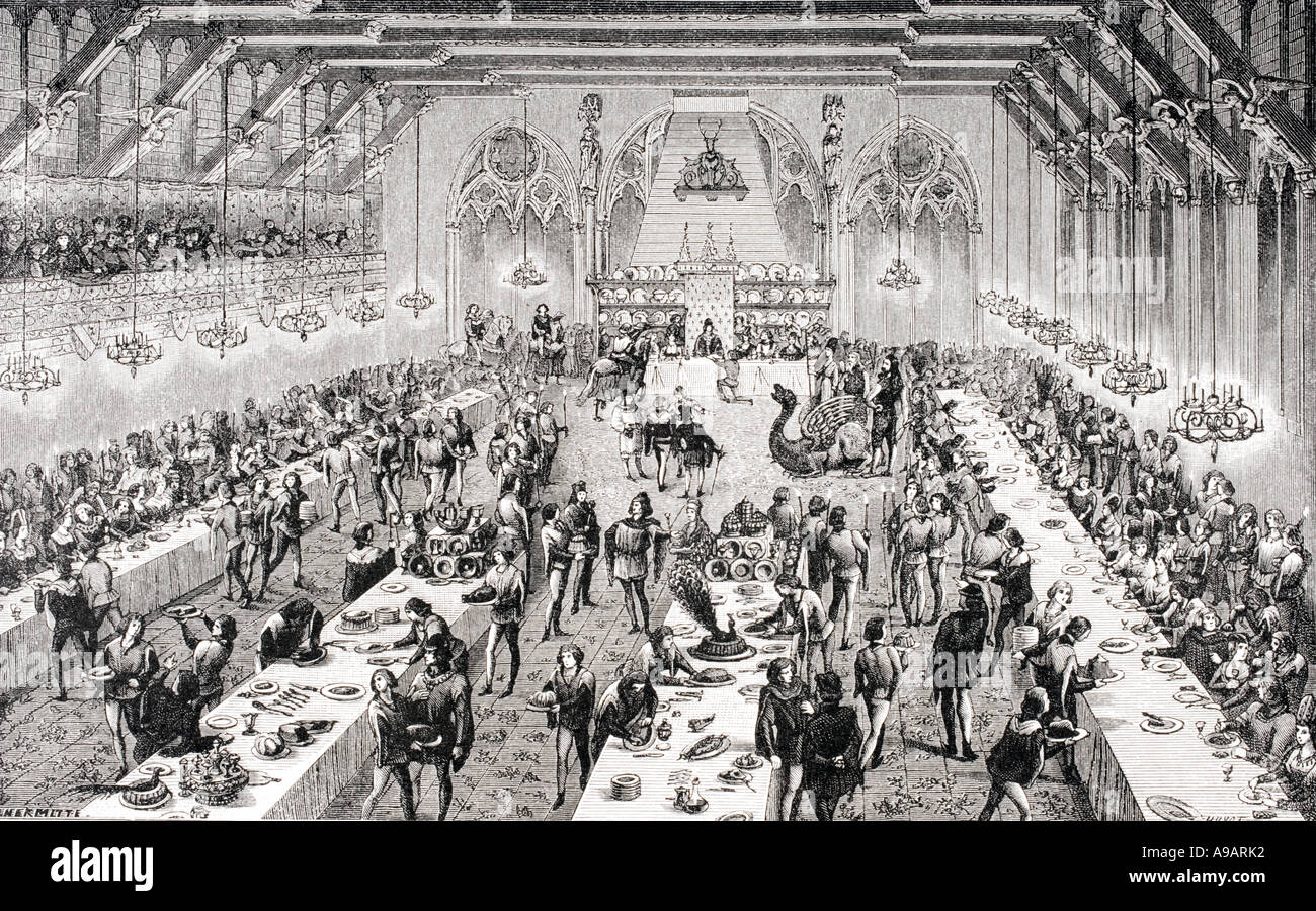 Grand ceremonial banquet at the French court in 14th century Stock ...