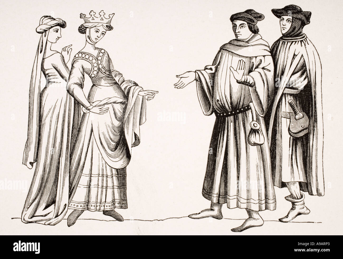 Noble Lady and Maid of Honour and two Burgesses with Hoods, from a ...