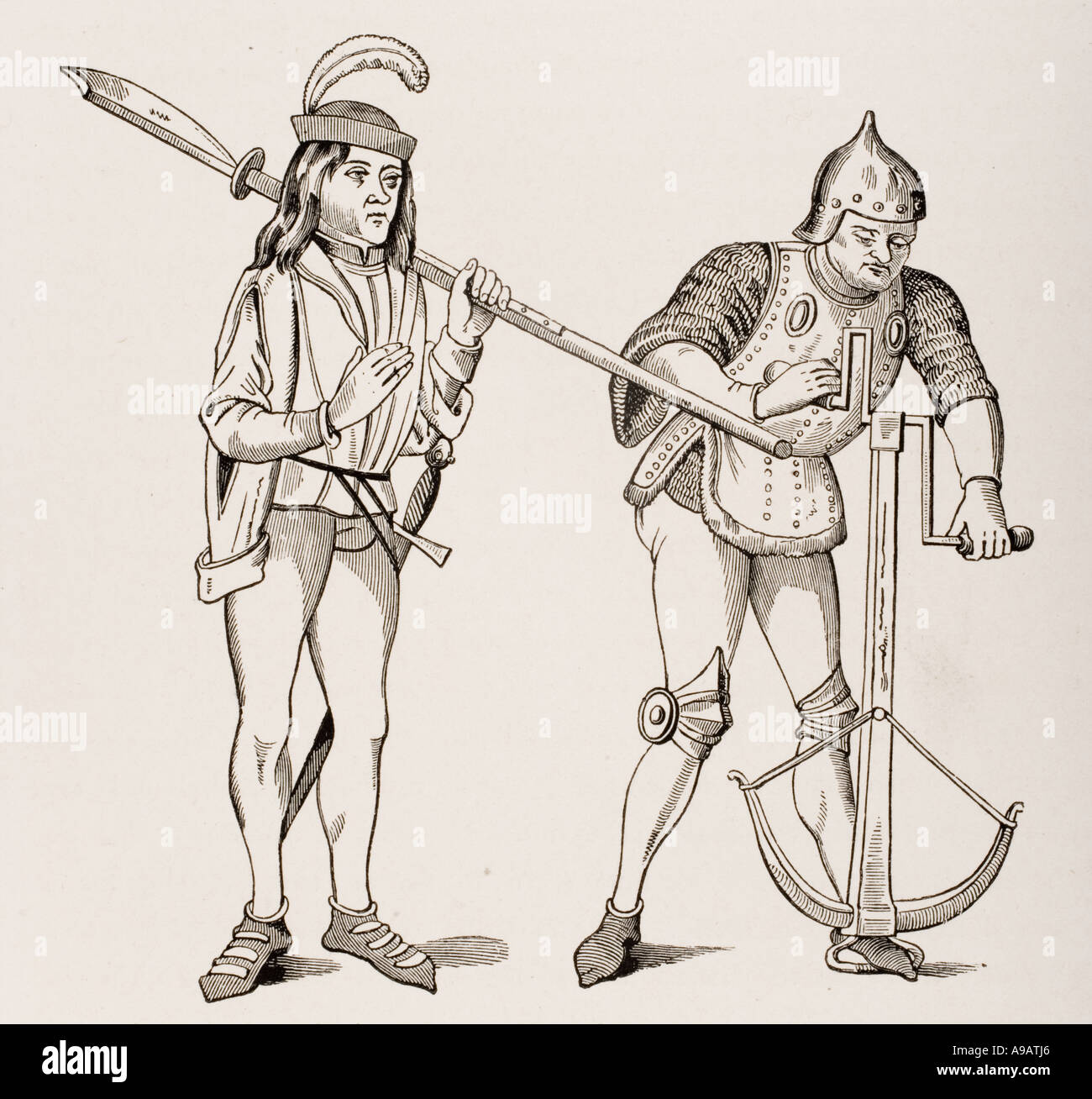 Varlet or Squire carrying thick bladed Halberd and archer in fighting ...