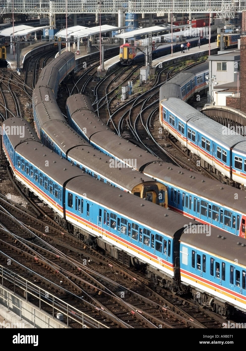 Waterloo train station platforms view from above of passenger trains ...