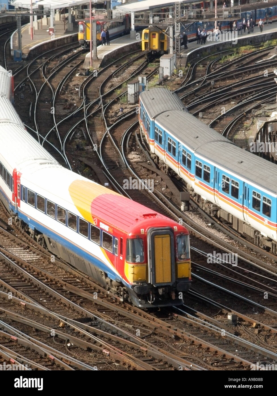 Waterloo train station platforms with view from above of passenger ...