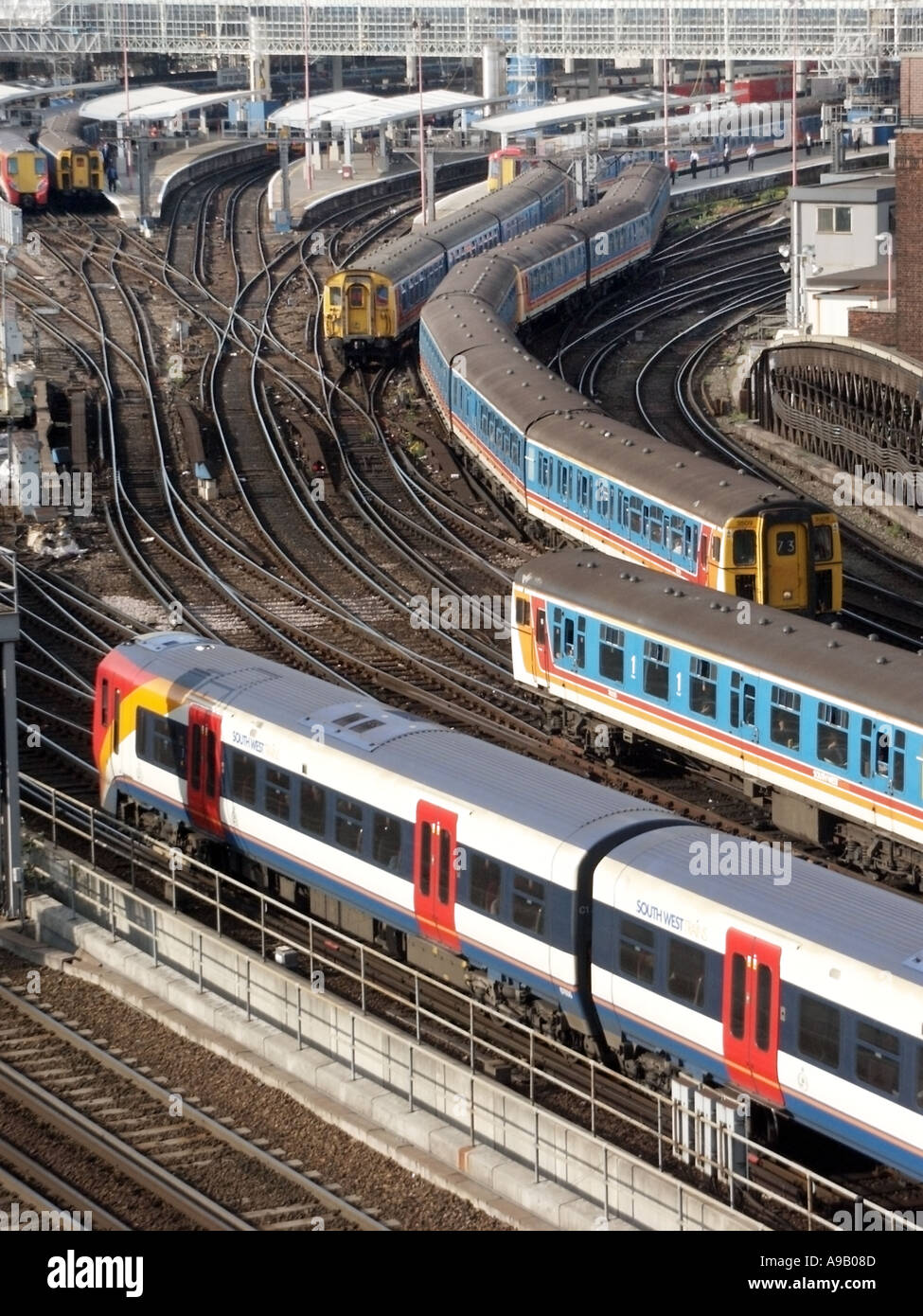 Waterloo train station platforms with view from above of passenger ...